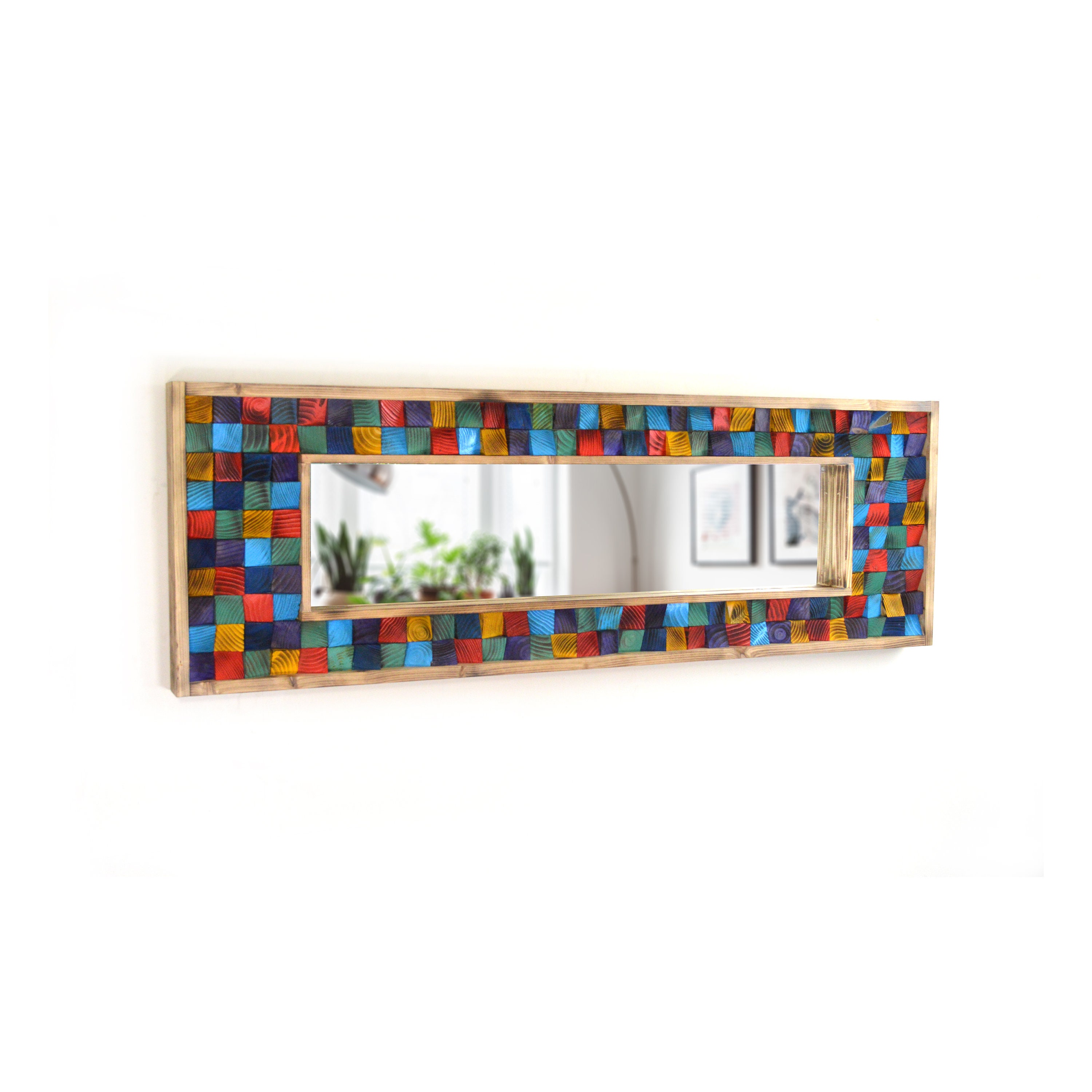 Vivid Rainbow Handcrafted Reclaimed Wood Wall Mosaic Mirror - 48" X 16 ...