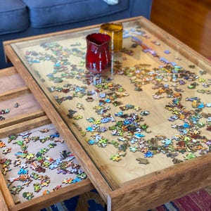 Rustic Puzzle Coffee Table With Removable Glass Top - Includes 2 Hidden ...