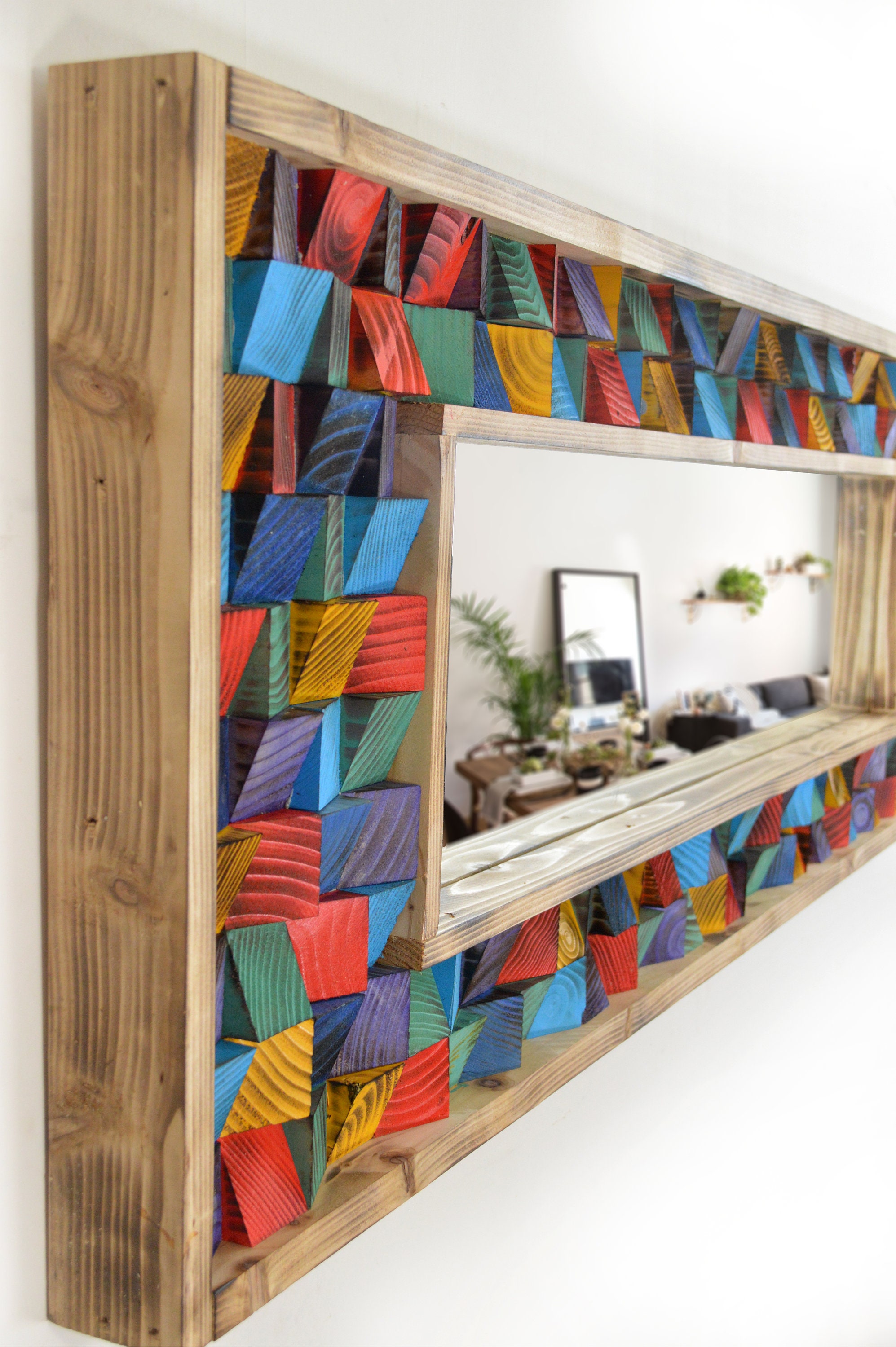 Vivid Rainbow Handcrafted Reclaimed Wood Wall Mosaic Mirror - 48" X 16 ...