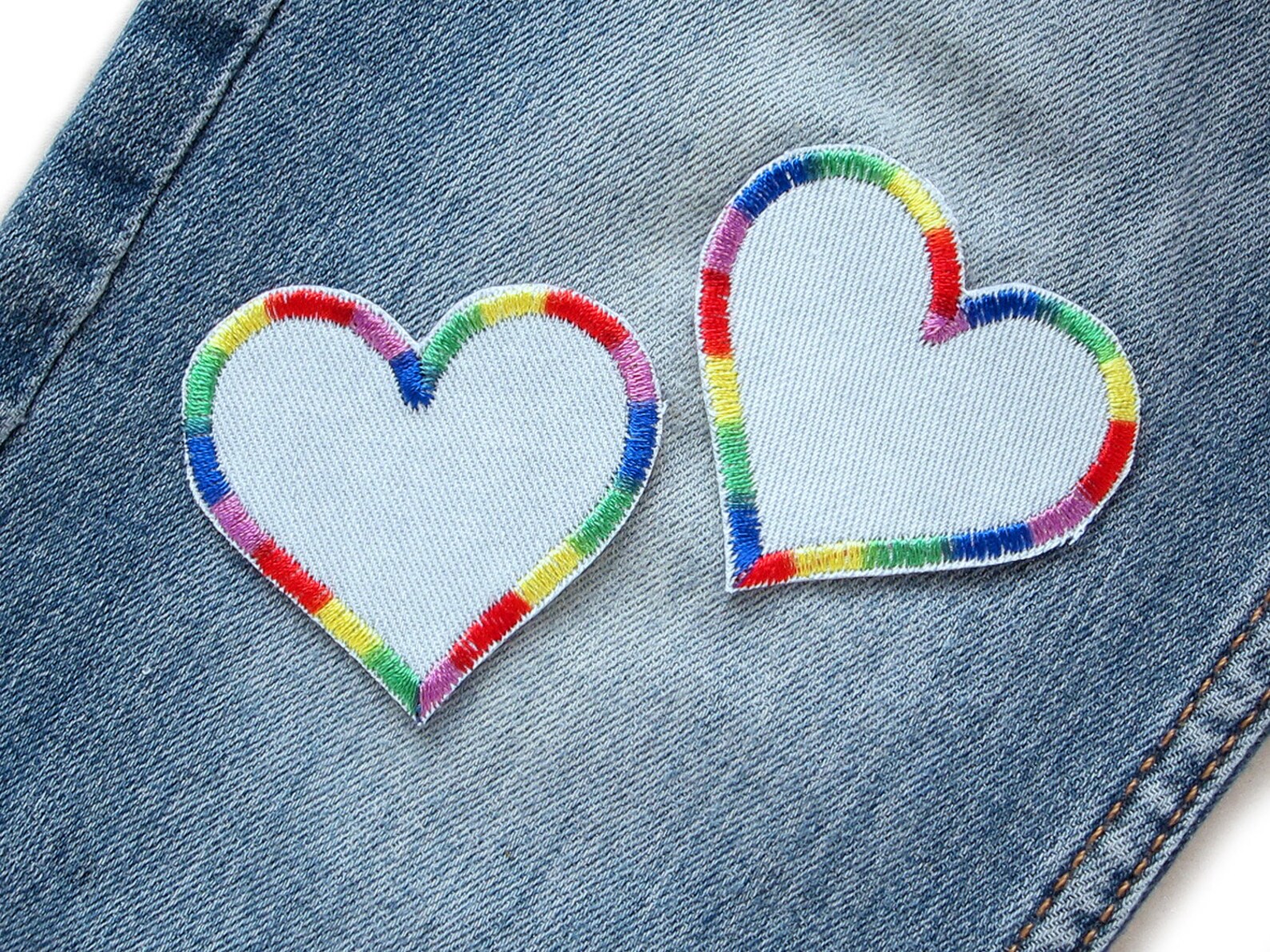 Heart Denim Patch Rainbow Heart Patch Set of 2 Patch to Iron | Etsy