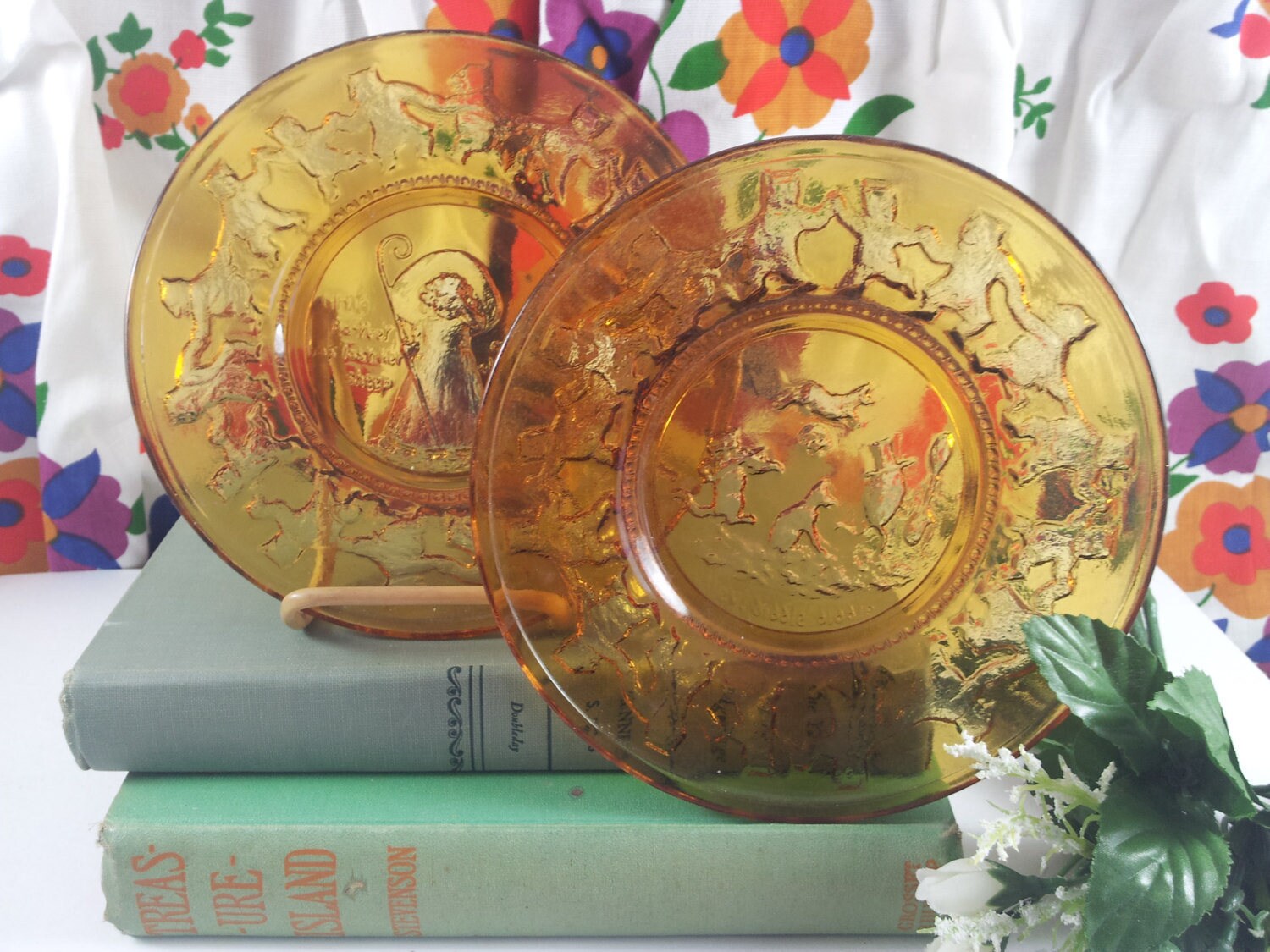 Tiara Nursery Rhyme Plates Pair Amber Glass Decor 1980's - Etsy