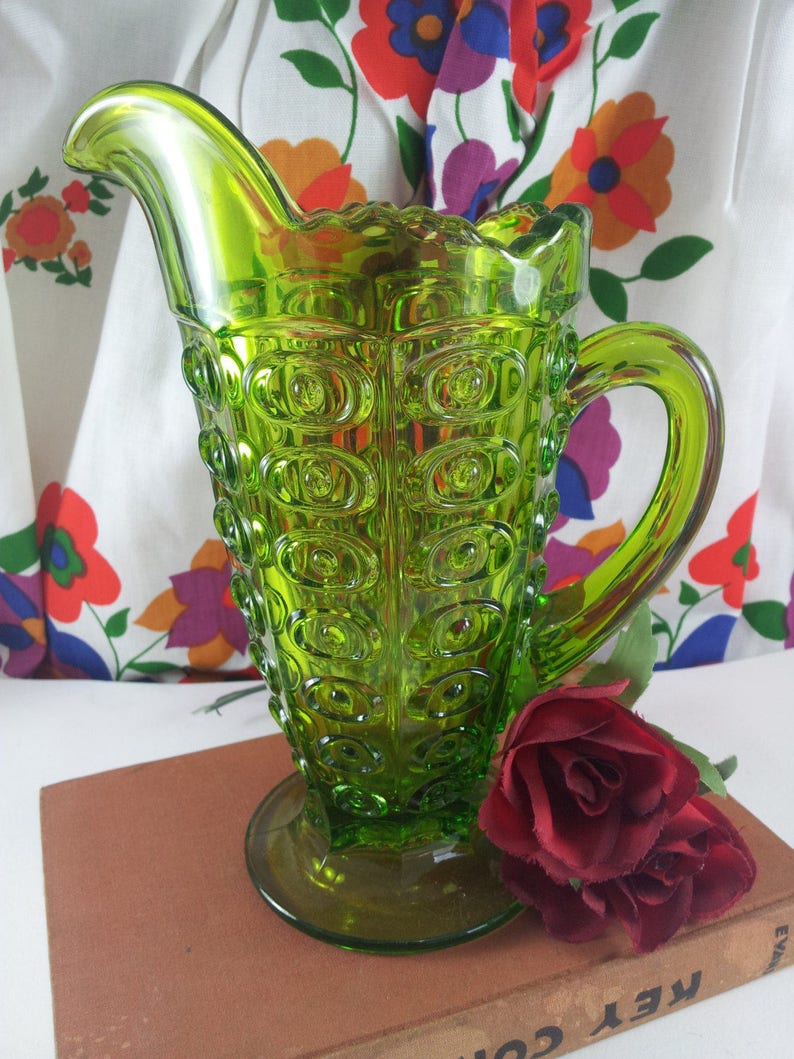 Viking Glass Bullseye Pitcher Midcentury Green Emerald - Etsy