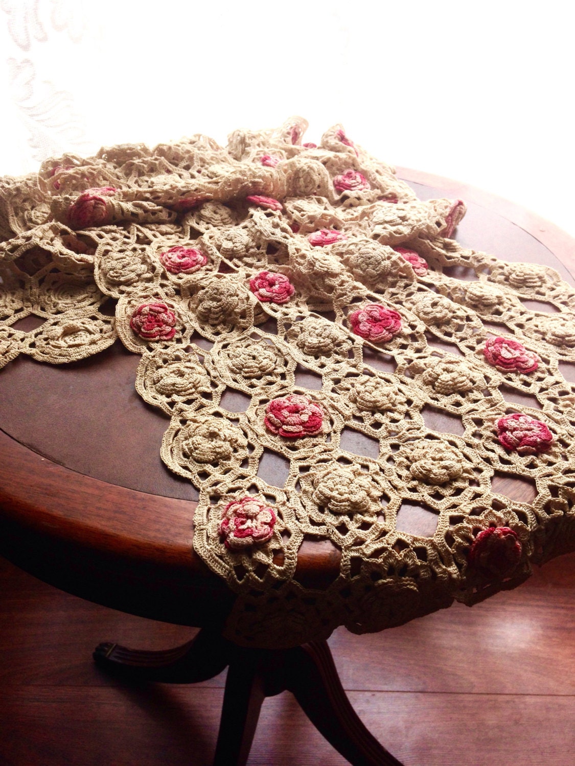 Vintage Textile, Hand Crocheted and Sewn-roses, Rondelles- Ecru, Beige ...