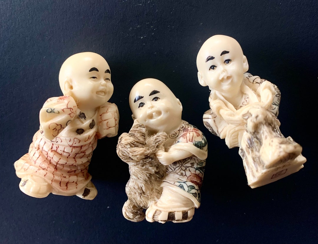 Rare Netsuke, Set of Three Bald Baby Netsuke, Unique Boys With Dogs ...