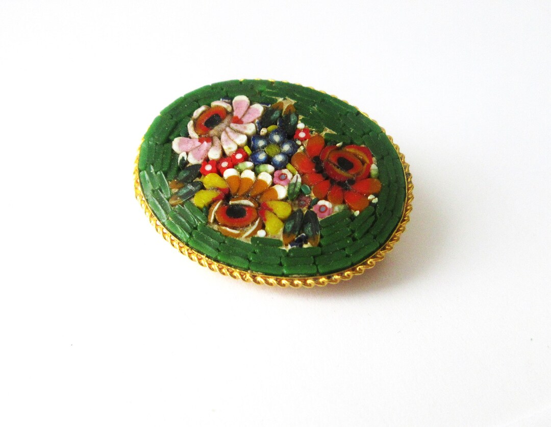 Vintage Micro Mini Mosaic Brooch / Oval Shape With Floral Design / Made ...