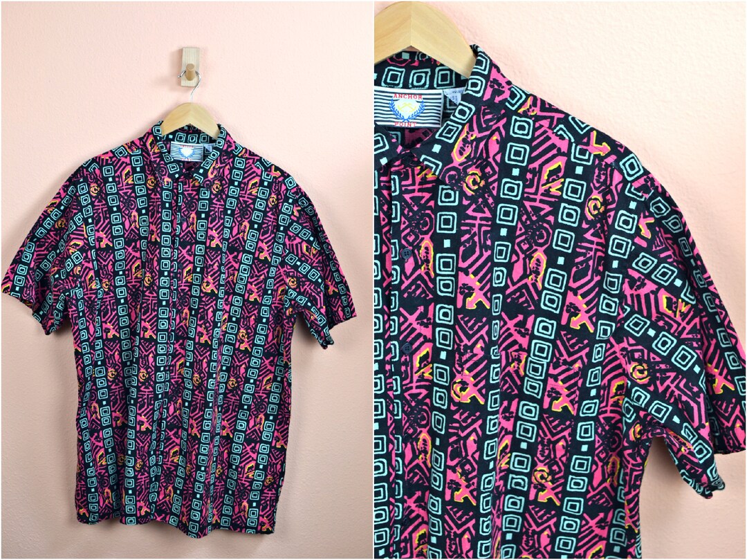 Men's Vintage 80s 90s Black and Neon Pink Blue Tropical Abstract Tribal ...