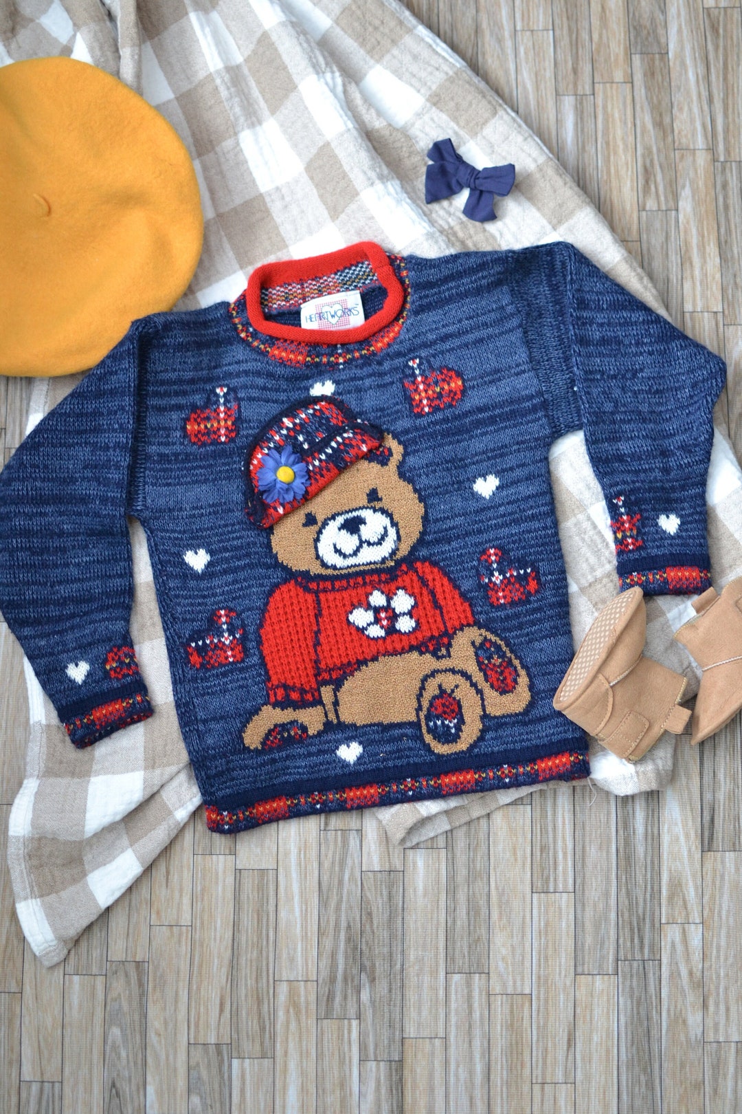 Children's Vintage 90s Heartworks Navy Blue Plaid Teddy Bear With 3D ...