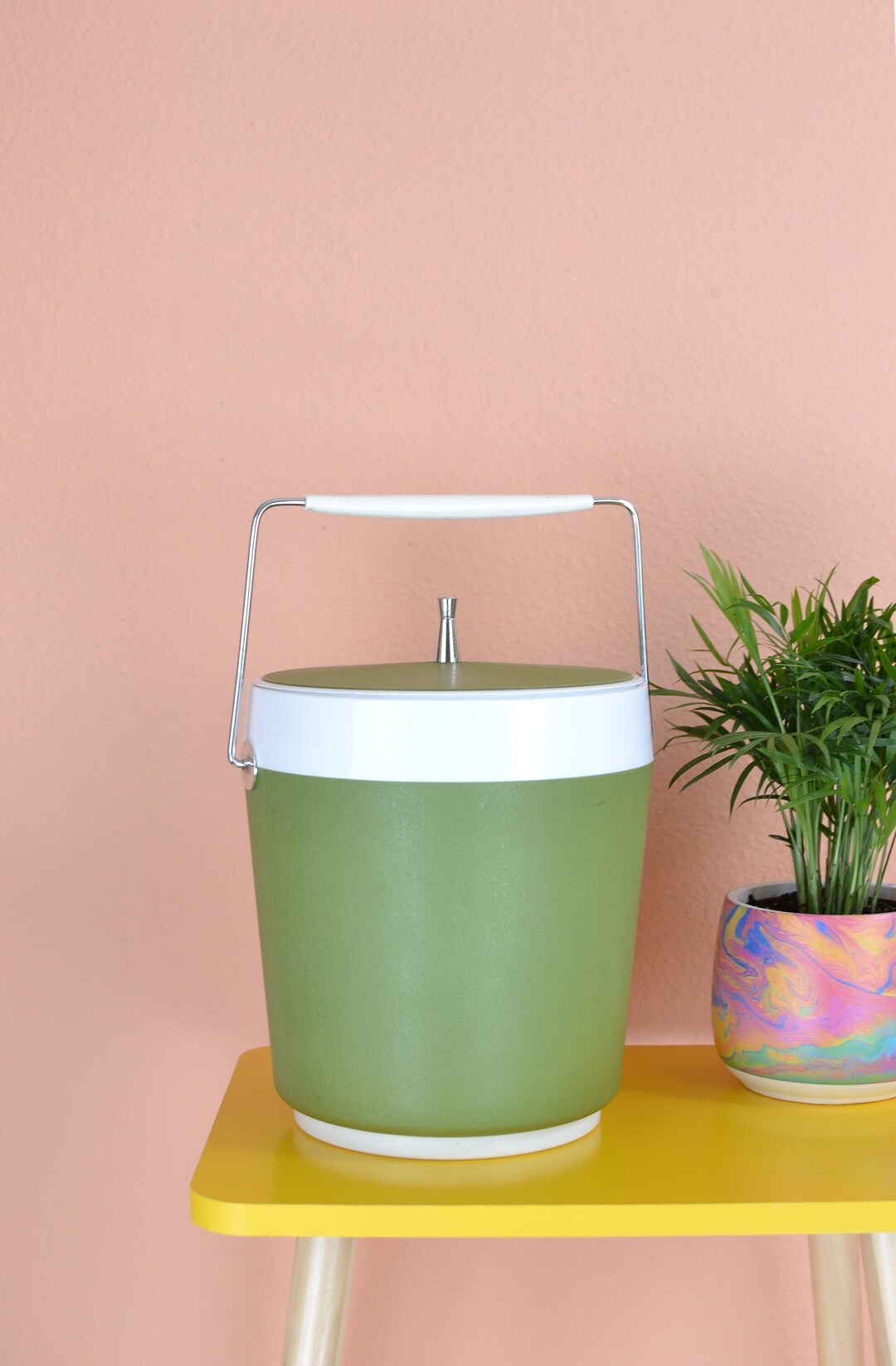 Vintage 60s MCM Avocado Green and White Plastic Atomic Ice Bucket With ...