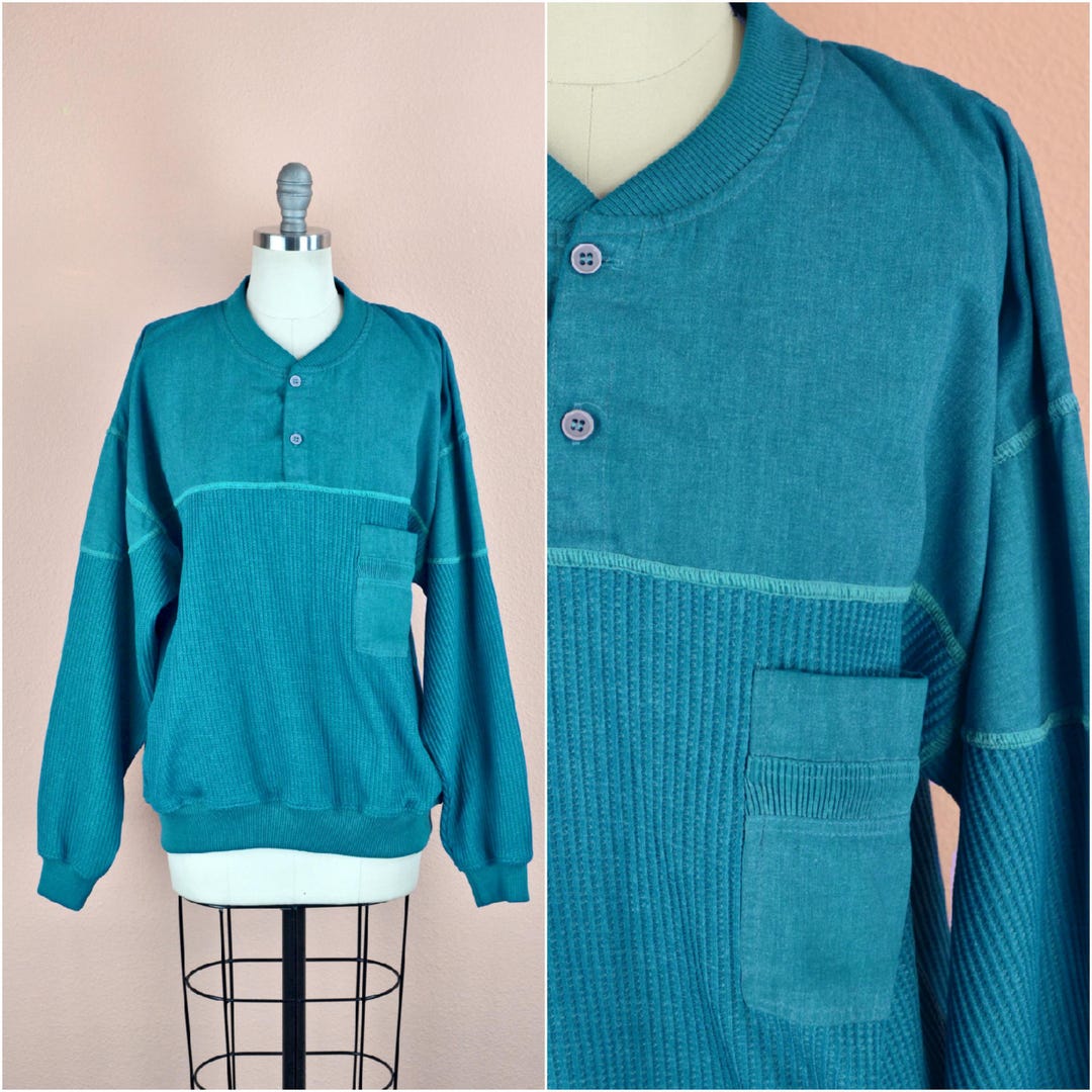 Men's Vintage HUK A Poo Teal Blue Waffle Knit and Yoke Pullover Henley ...