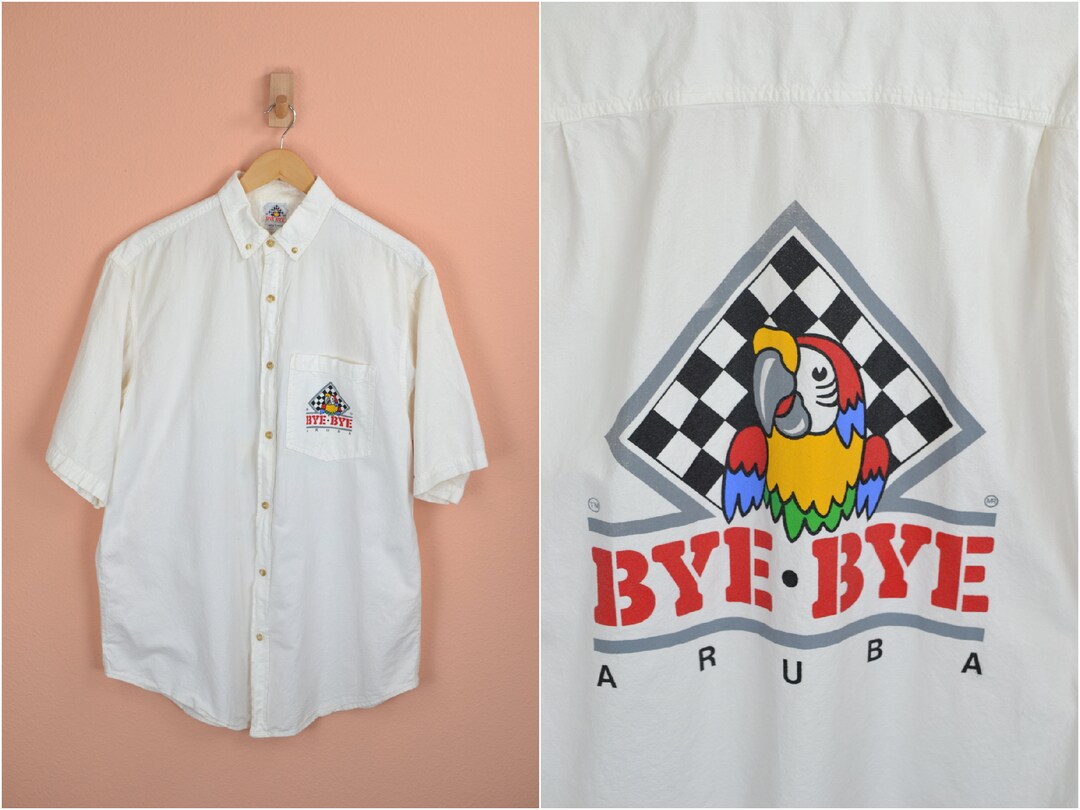 Men's Vintage 80s Bye-bye Aruba Caribbean Checkered Parrot Head Bird ...
