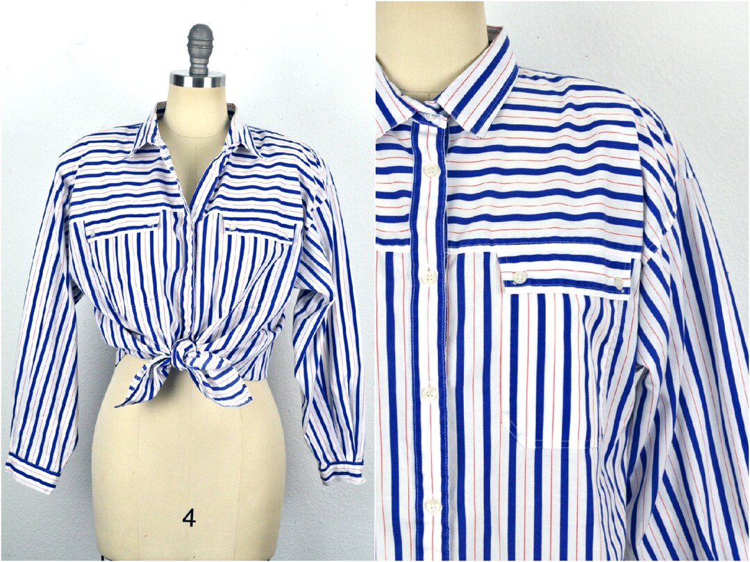 Women's Vintage 80s Ratio Petites White Blue Red Striped Poly Cotton ...