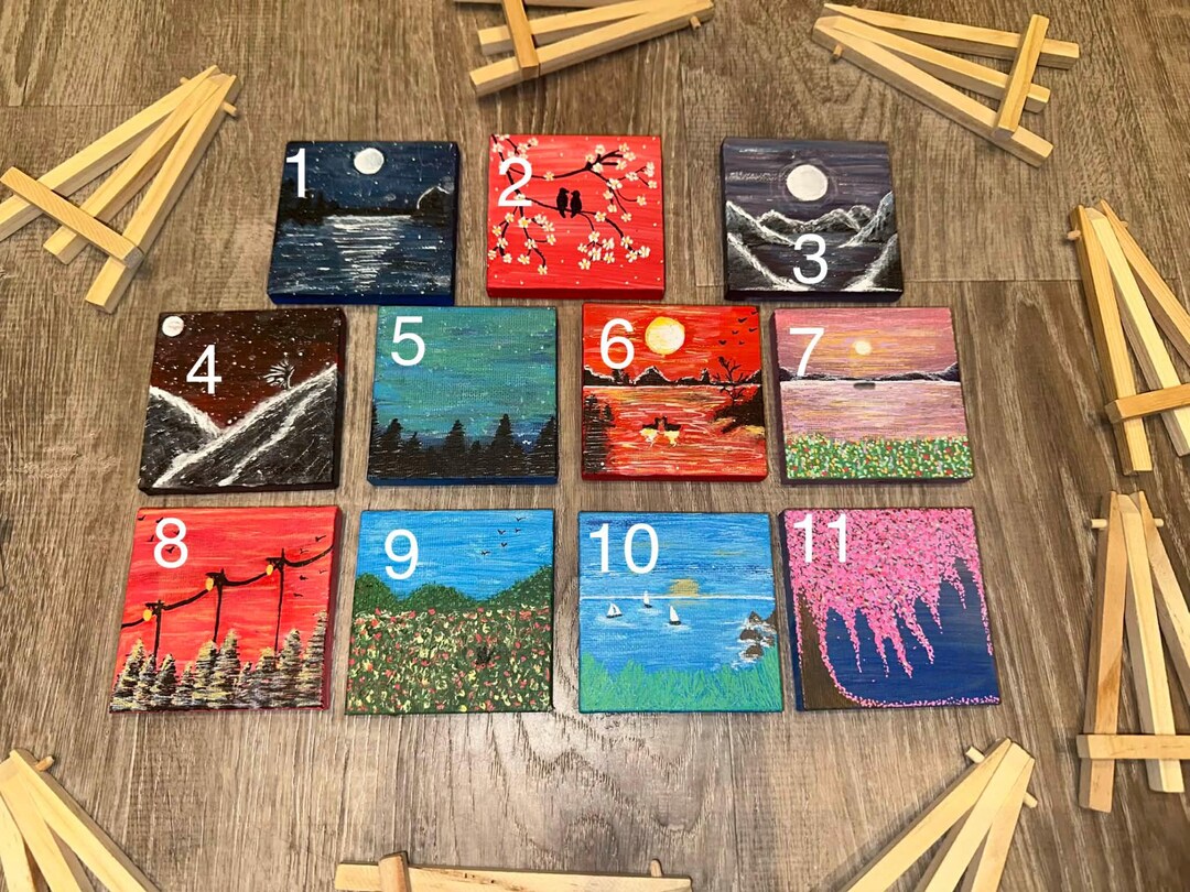 Small Acrylic Canvas With Easel Landscape Painting - 3x3 Mini Art- Tiny ...