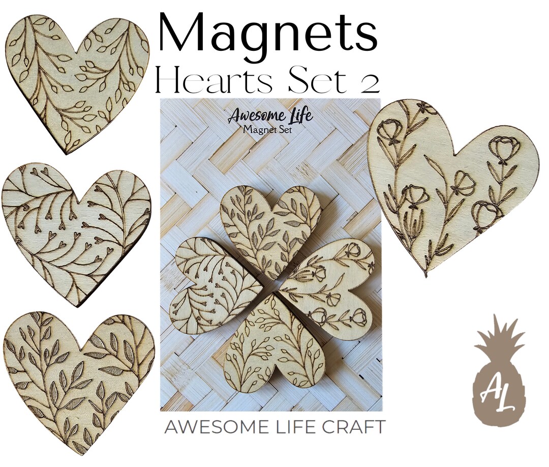 Floral Heart Wood Magnets Set: Laser Cut Birch Decor - Etsy