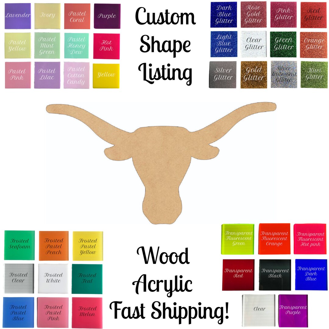Longhorn Wooden MDF Cutout, Acrylic Longhorn Shape, Mirror and Glitter ...