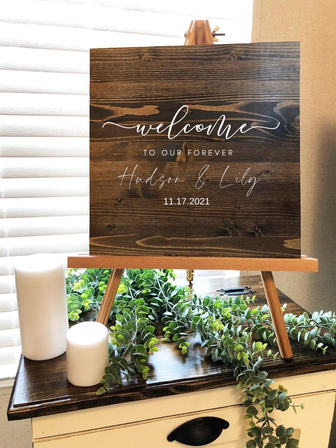Personalized Wedding Welcome Sign: Rustic Stained Wood, 3D Names & Date ...