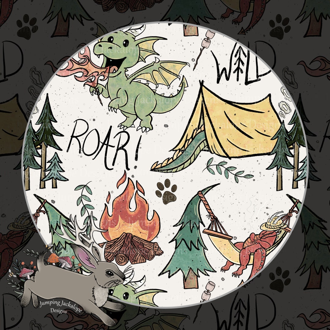 Camping Dragons Hand Drawn Seamless Design Digital Download, Summer ...