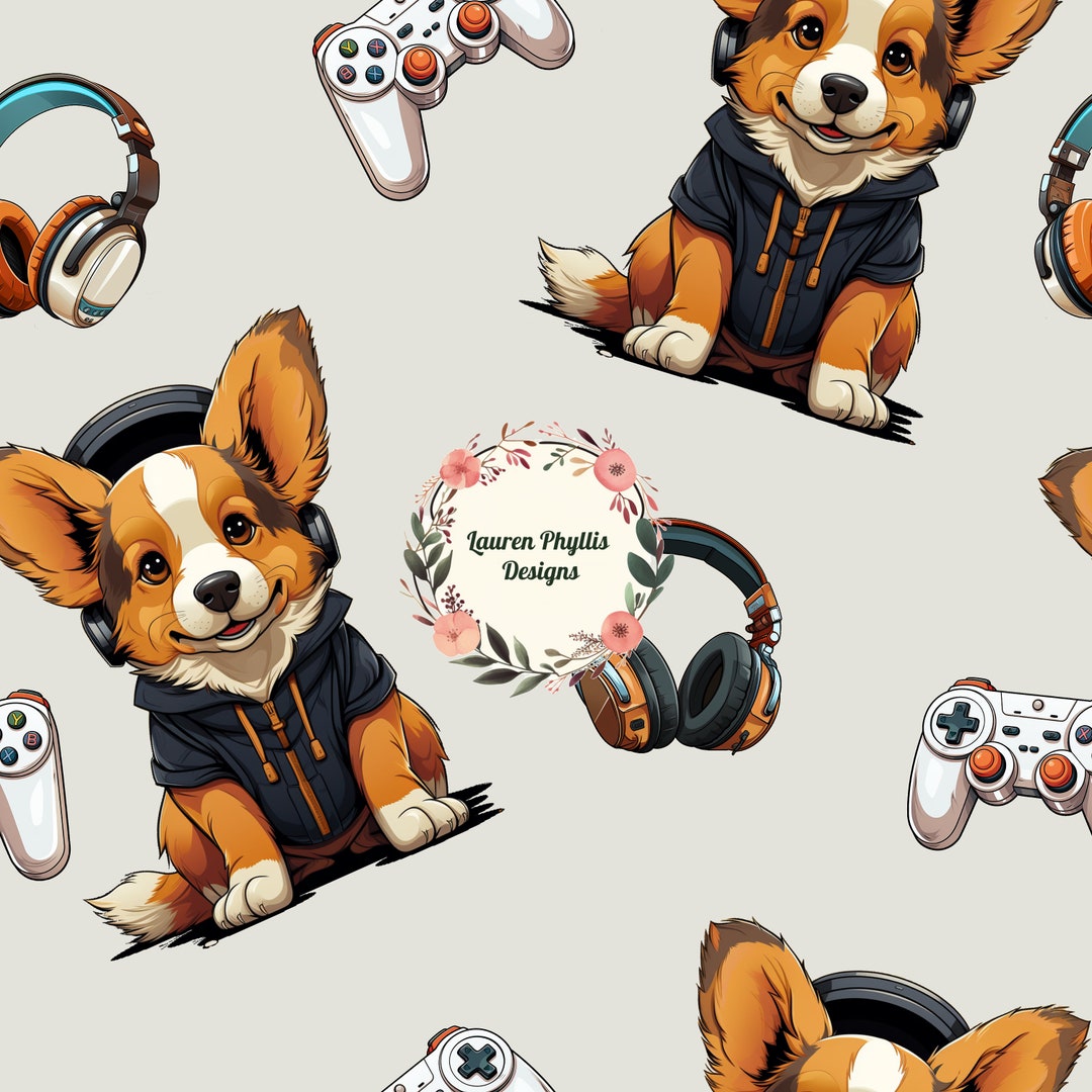 Cartoon Corgi Video Gaming Dog Seamless File for Fabric Printing and ...