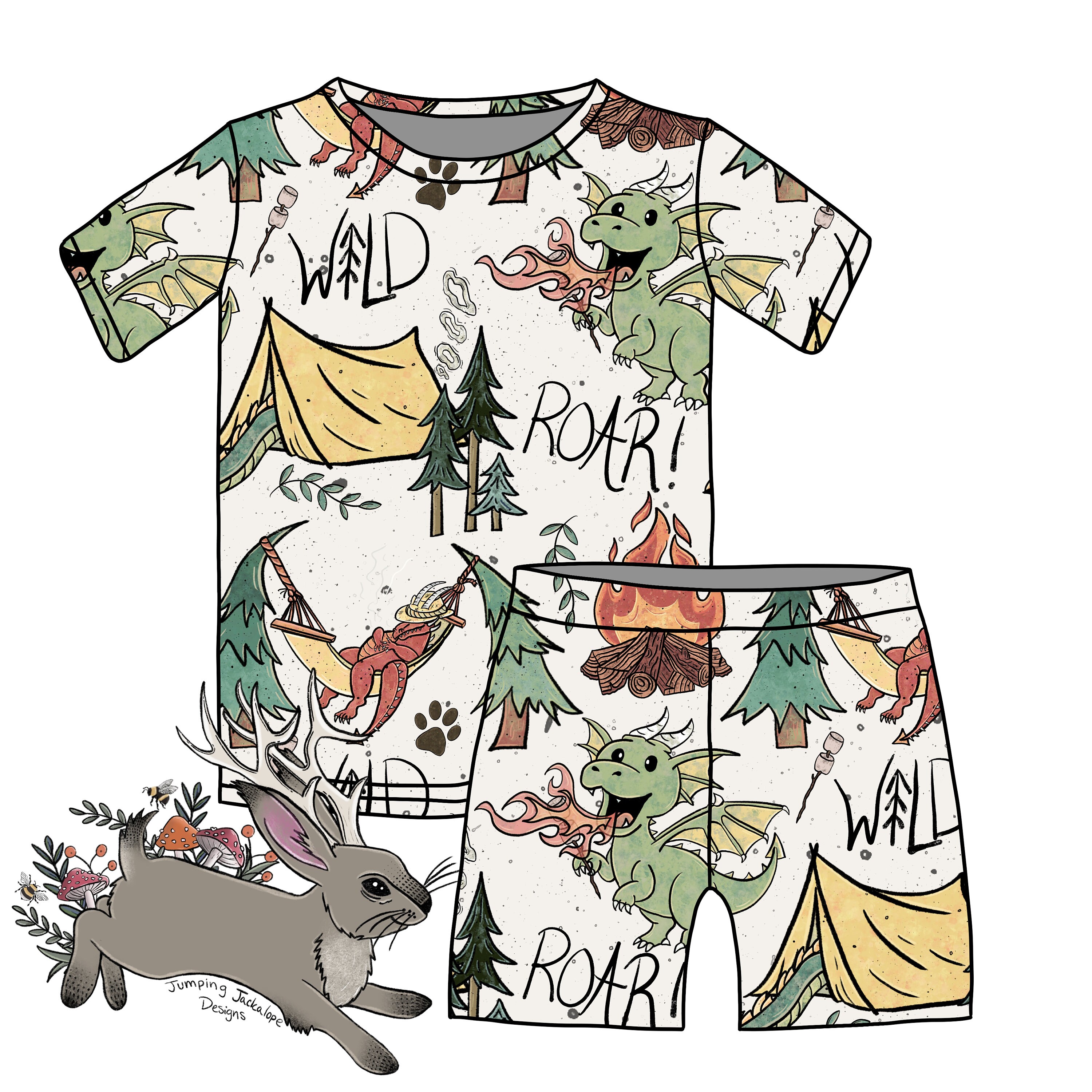 Camping Dragons Hand Drawn Seamless Design Digital Download, Summer ...