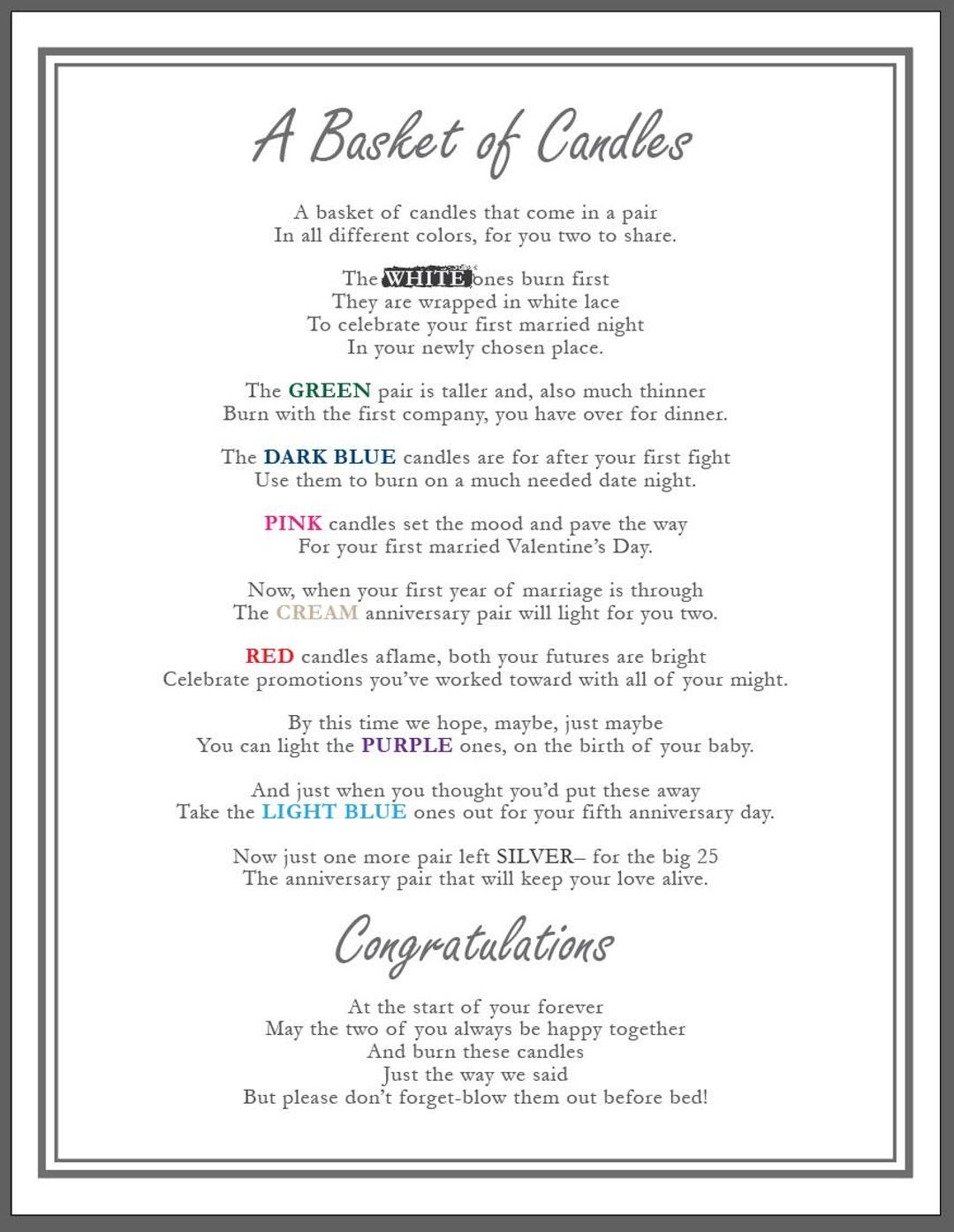 8.5x11 Basket of Candles Printable Poem, Newlywed Gift Basket, Bridal ...