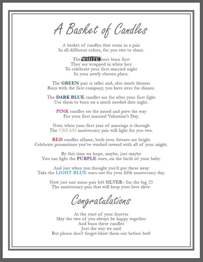 8.5x11 Basket of Candles Printable Poem, Newlywed Gift Basket, Bridal ...