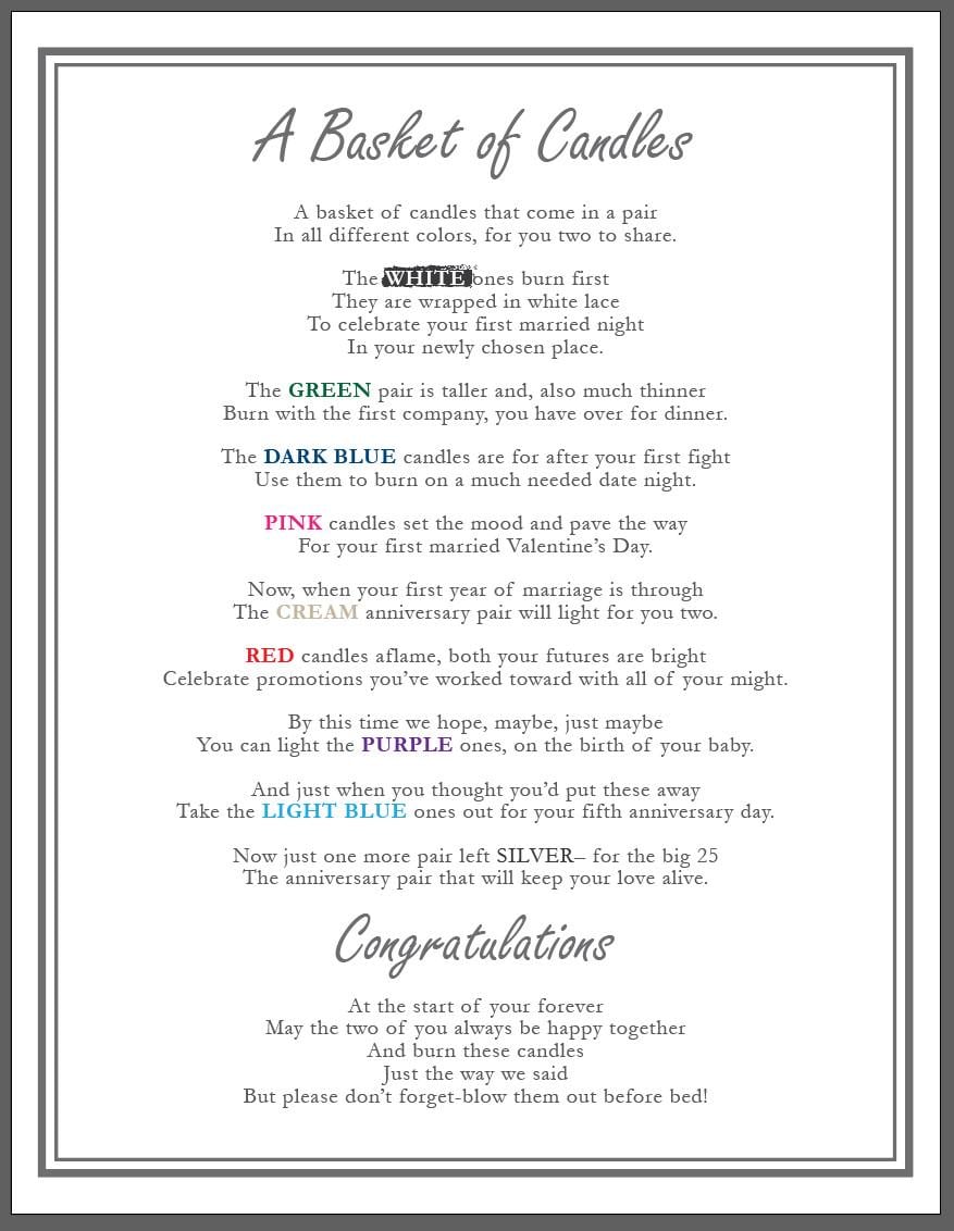 8.5x11 Basket of Candles Printable Poem, Newlywed Gift Basket, Bridal ...