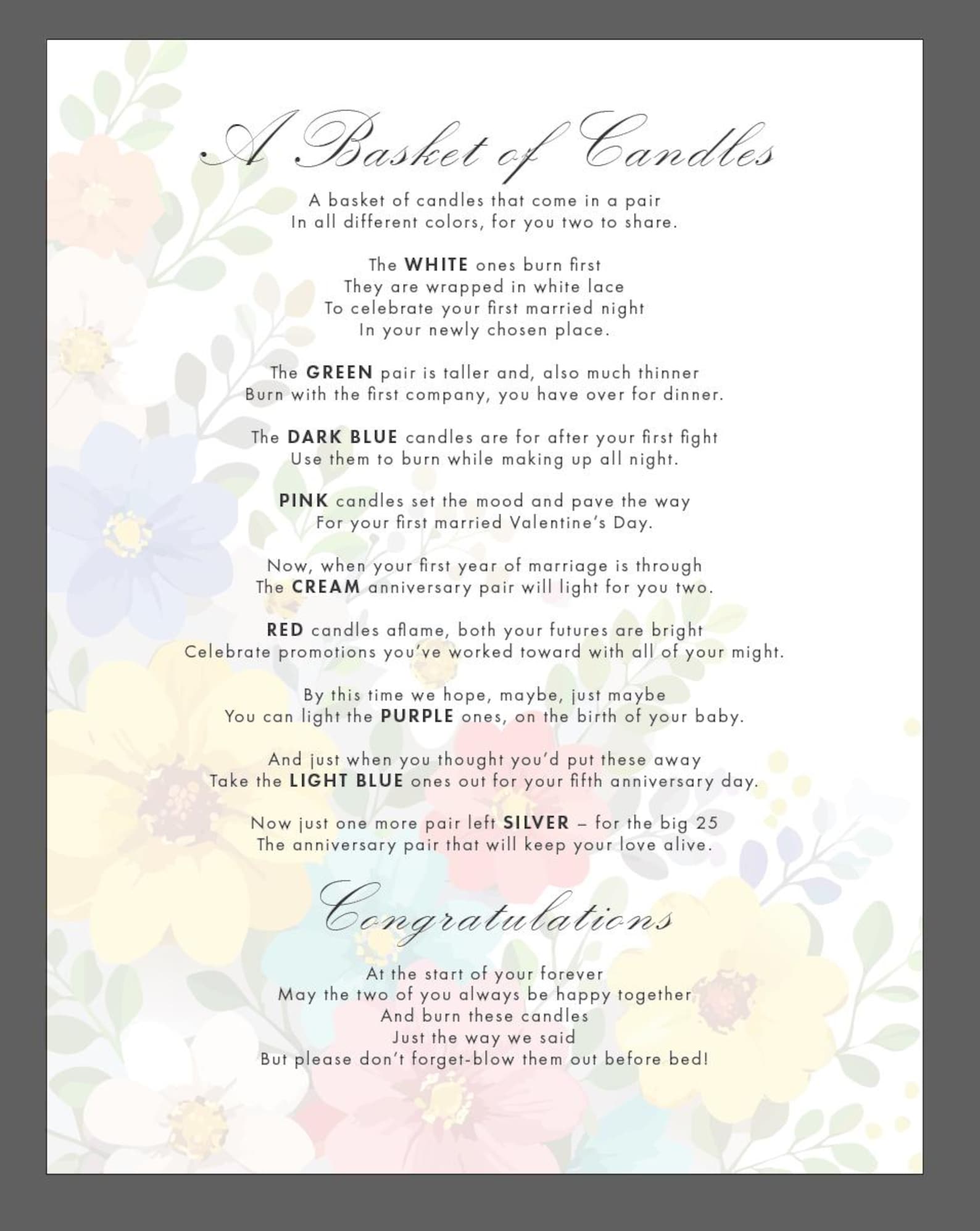 8.5x11 Basket of Candles Printable Poem, Newlywed Gift Basket, Bridal ...