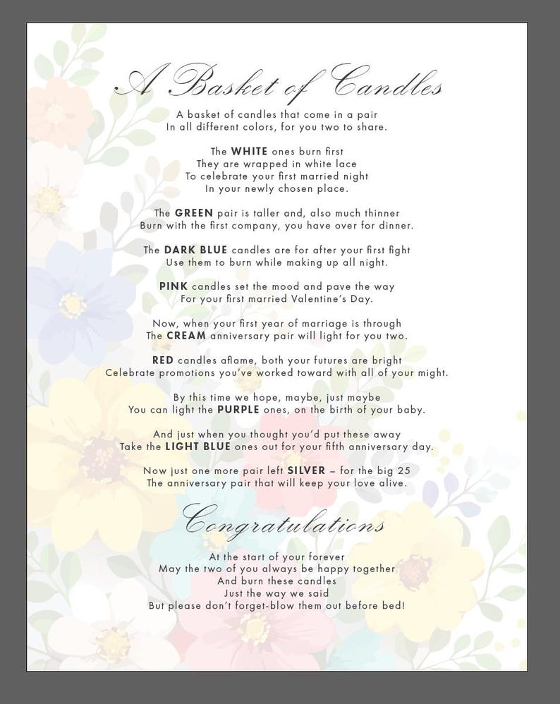 8.5x11 Basket of Candles Printable Poem, Newlywed Gift Basket, Bridal ...