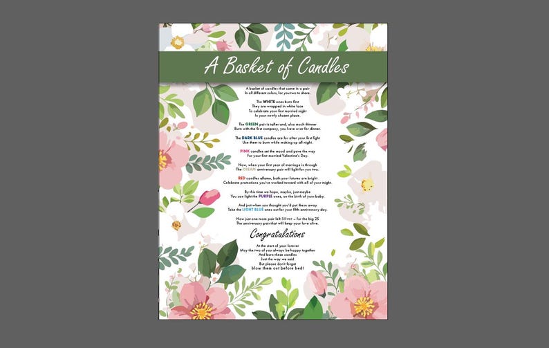 8.5x11 Basket of Candles Printable Poem, Newlywed Gift Basket, Bridal ...