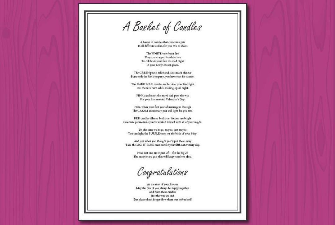 Editable Basket of Candles Printable Poem, Newlywed Gift Basket, Bridal ...