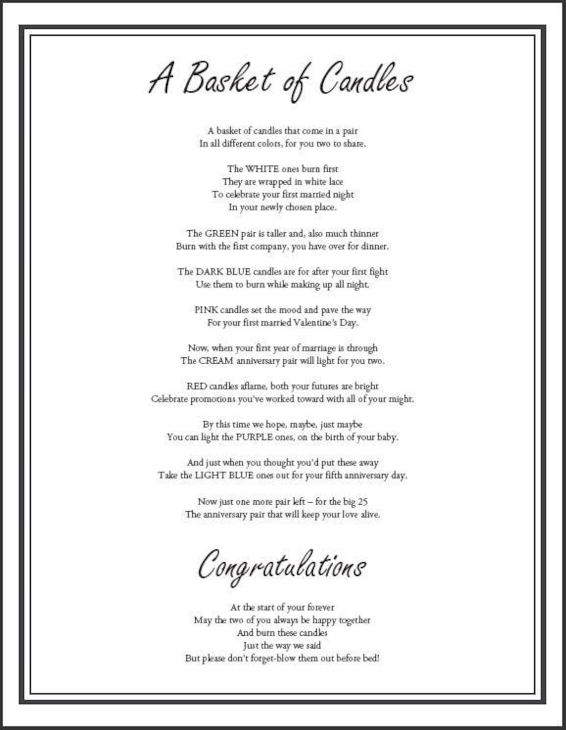 Editable Basket of Candles Printable Poem, Newlywed Gift Basket, Bridal ...