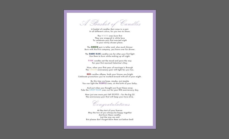 8.5x11 Basket of Candles Printable Poem, Newlywed Gift Basket, Bridal ...