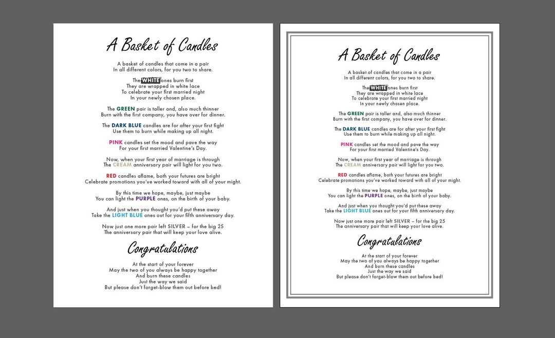 Basket of Candles Poem: Wedding & Bridal Shower Gift (printable PDF) - Etsy