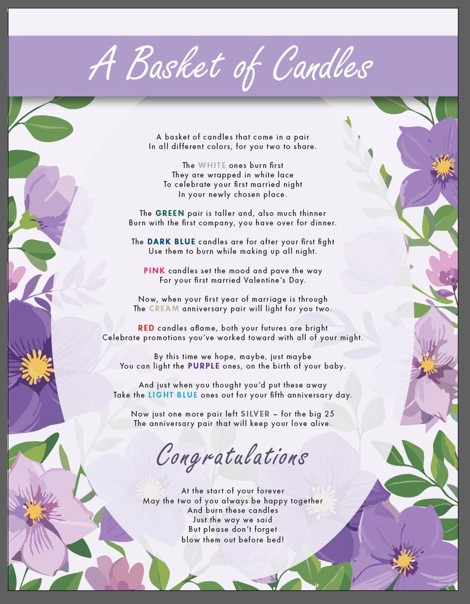 8.5x11 Basket of Candles Printable Poem, Newlywed Gift Basket, Bridal ...