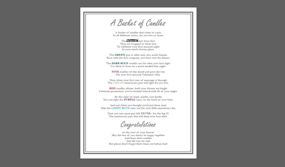 8.5x11 Basket of Candles Printable Poem, Newlywed Gift Basket, Bridal ...