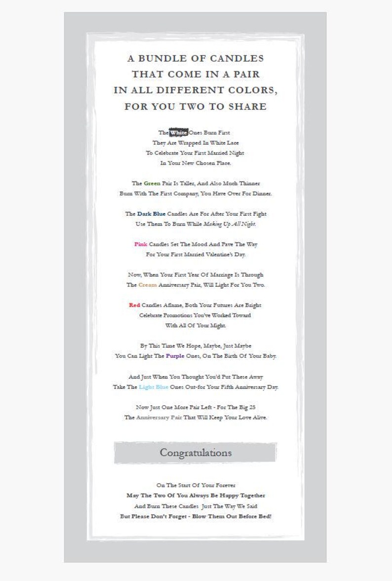 Printable Wedding Poem Card | Candle Gift Basket Insert | Bridal Shower ...