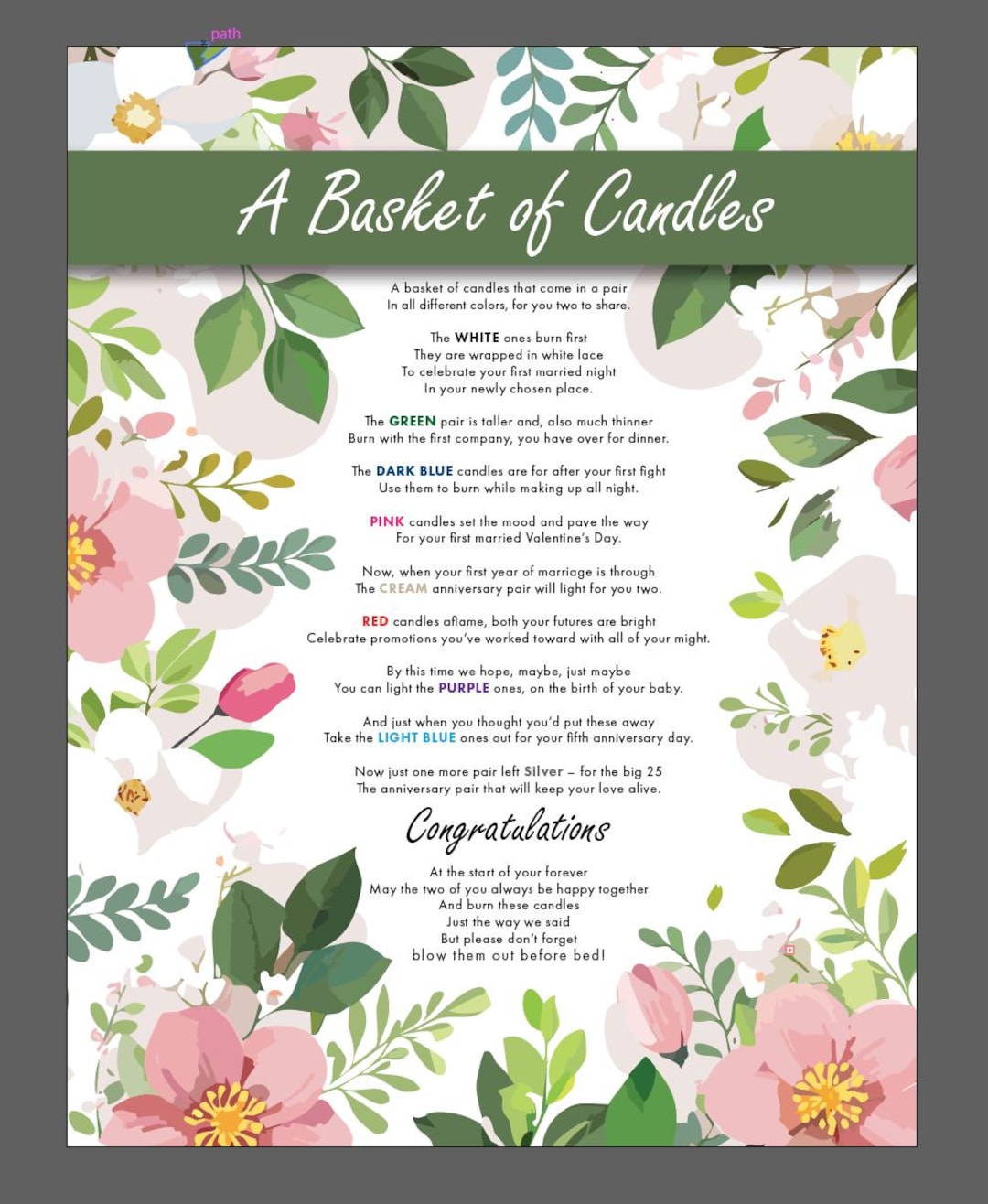 8.5x11 Basket of Candles Printable Poem, Newlywed Gift Basket, Bridal ...