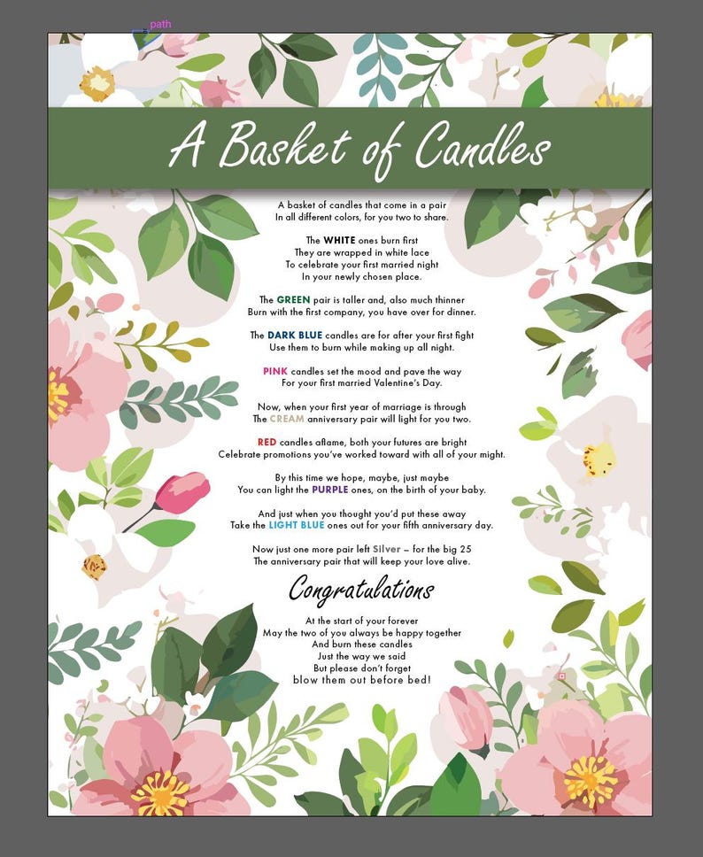 8.5x11 Basket of Candles Printable Poem, Newlywed Gift Basket, Bridal ...