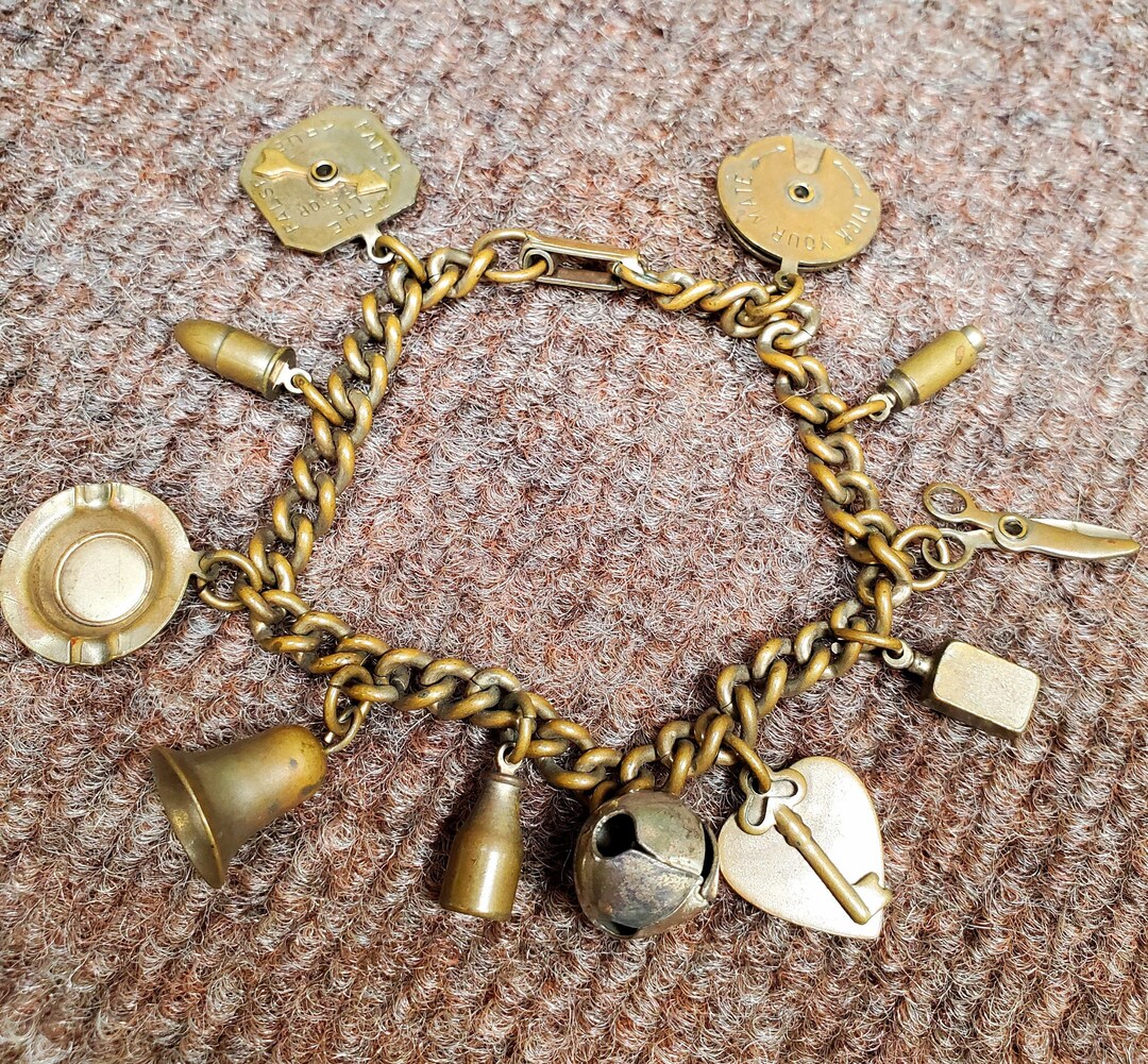 Vintage Brass-toned Unique Charms Bracelet - Etsy