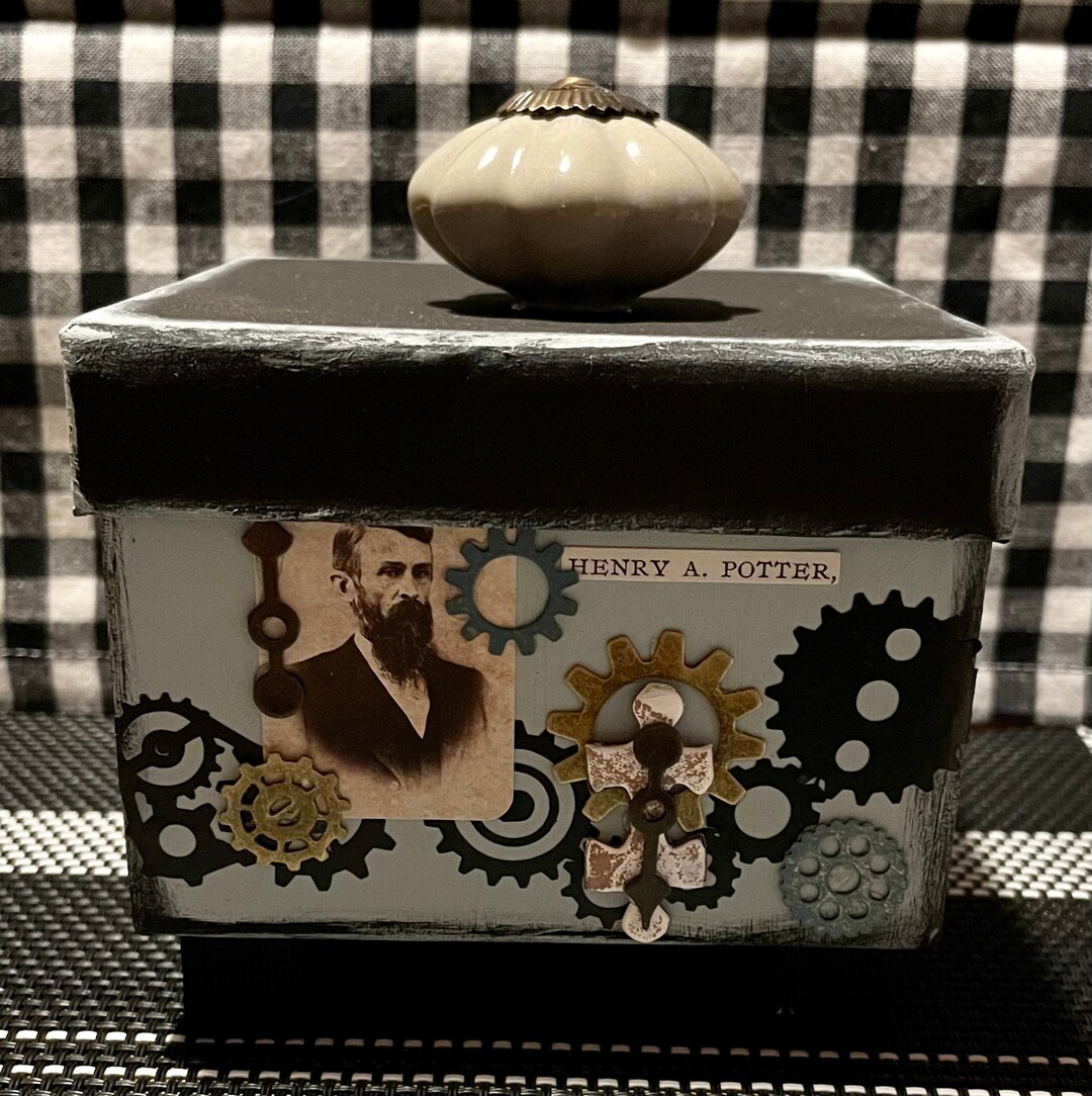 Industrial/steampunk 4” Square Footed Papermache Trinket Box. Overall ...
