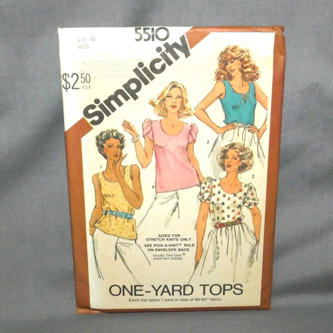 Vintage Simplicity Pattern 5510, One Yard Tops, Misses Size 16, Uncut ...