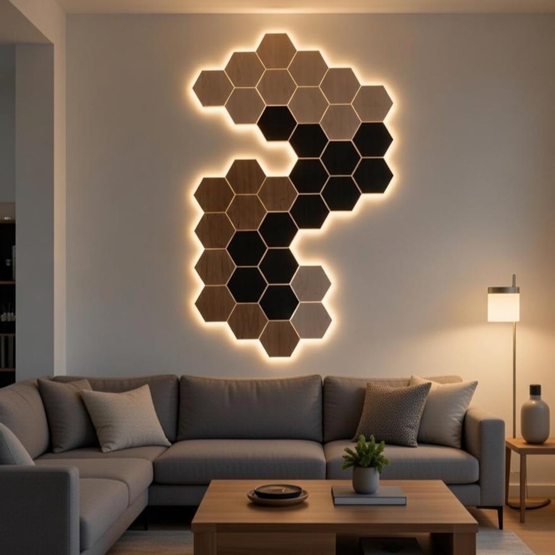 Set of 3 - 6" Modular Hexagon LED Wall Art | Backlit Wood Wall Décor ...