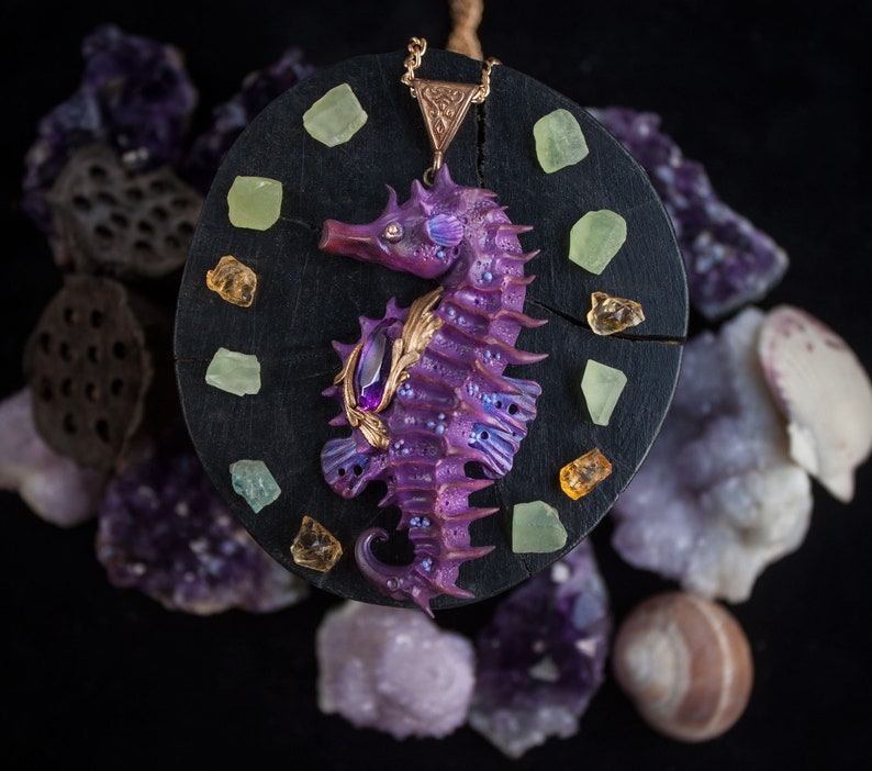 Polymer Clay Sea Horse Statement Necklace With Amethyst Crystal ...