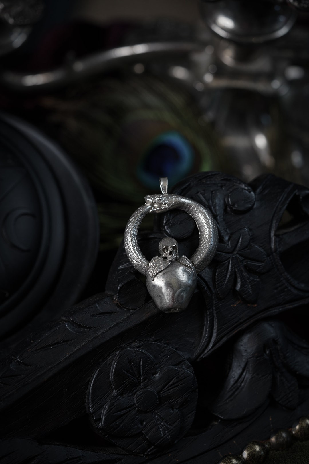 Esoteric Ouroboros Necklace in White Bronze - Gothic Snake Pendant With ...