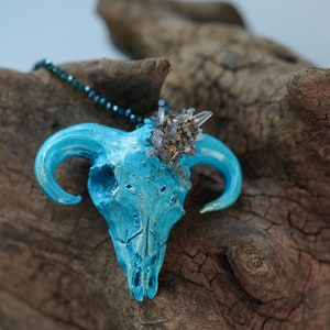 Pendant Blue Bull Skull From Polymer Clay and Raw Crystal Unique ...