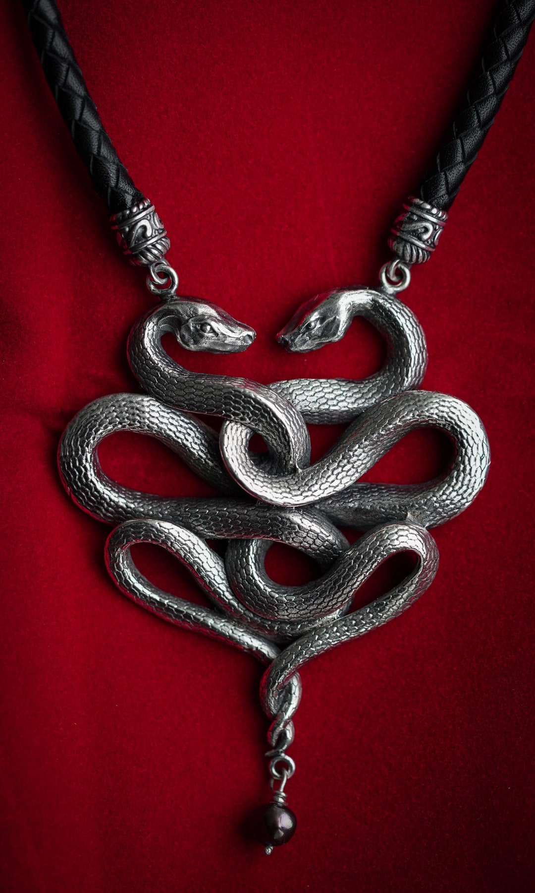 Silver Ouroboros Snake Necklace With Black Pearl , Gothic Alchemy ...