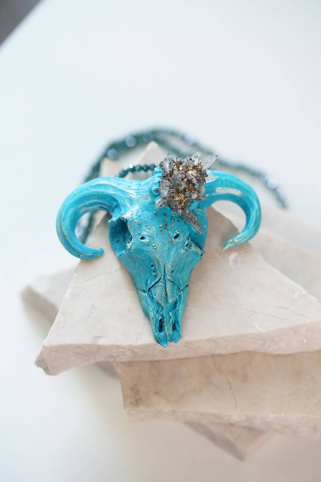 Pendant Blue Bull Skull From Polymer Clay and Raw Crystal Unique ...