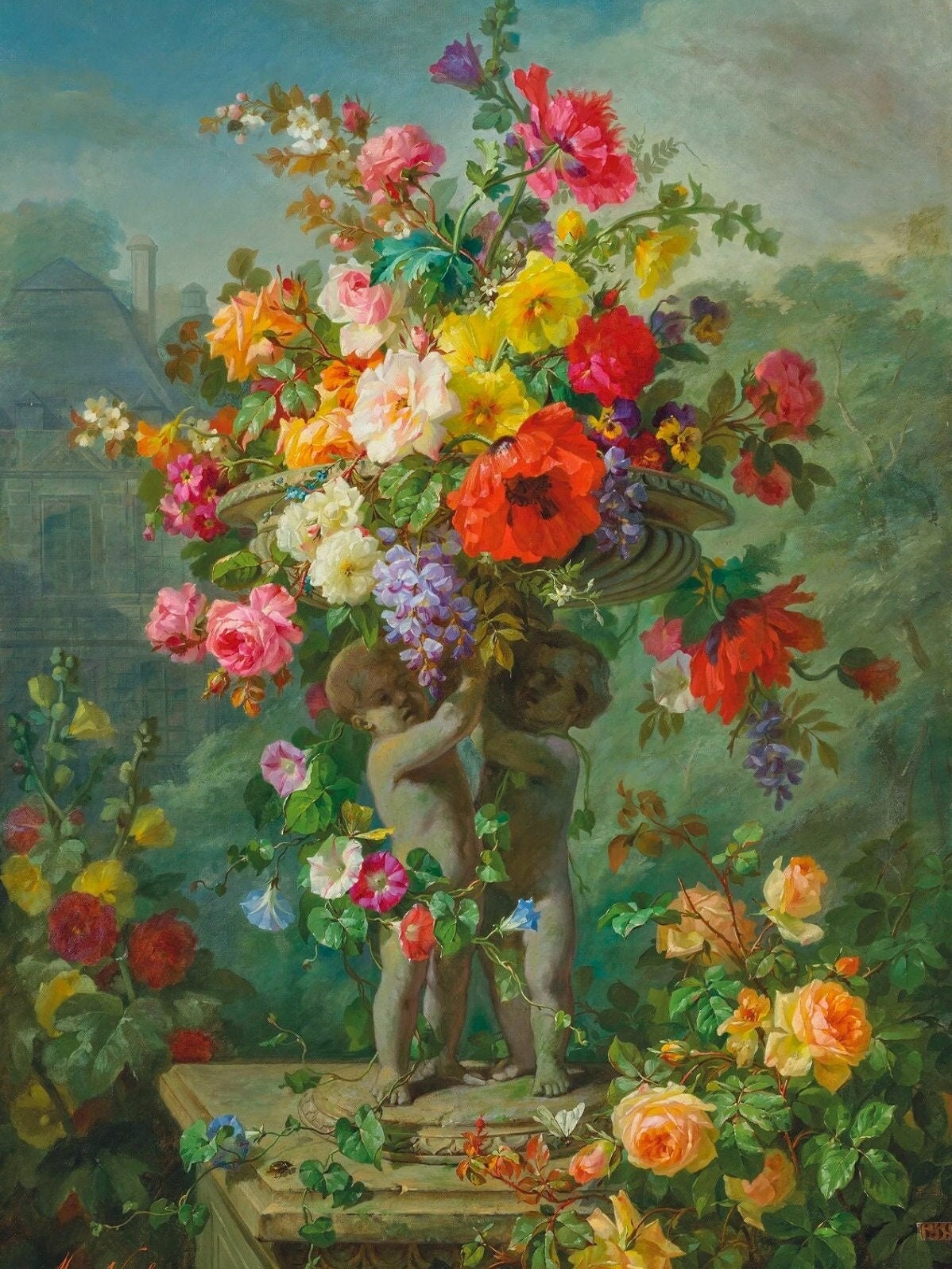 Flower Still Life in a Cherub Vase Cupid Cherub Art Angel - Etsy