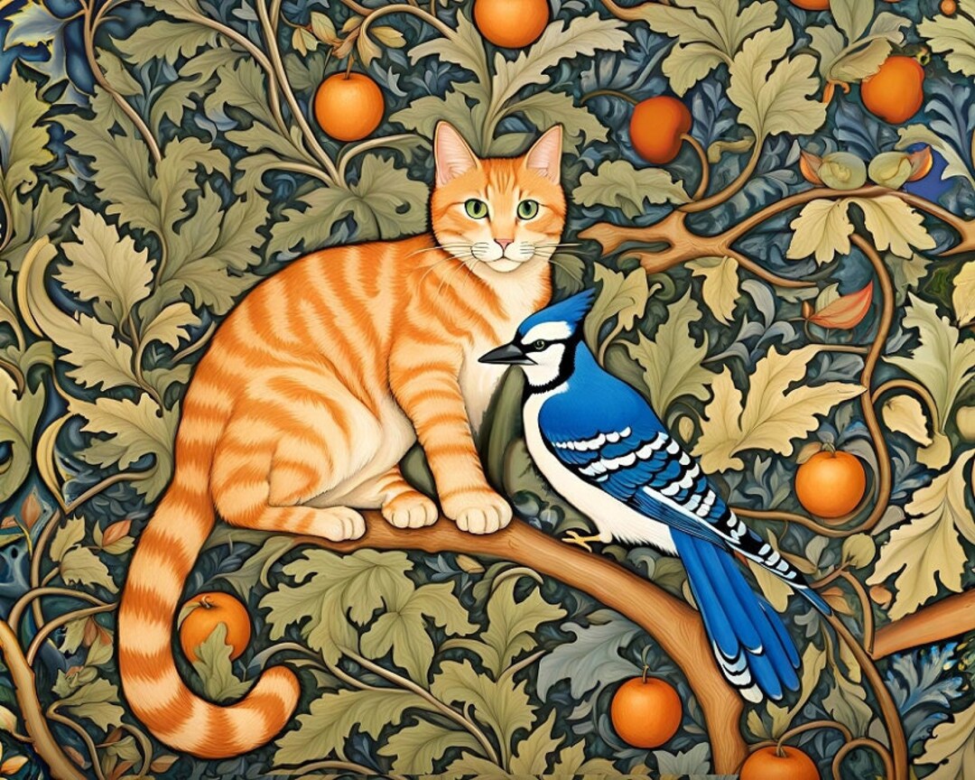 Orange Tabby Cat, Blue Jay, Cat Art, Cat Artwork, Cat Print, Cat Wall ...