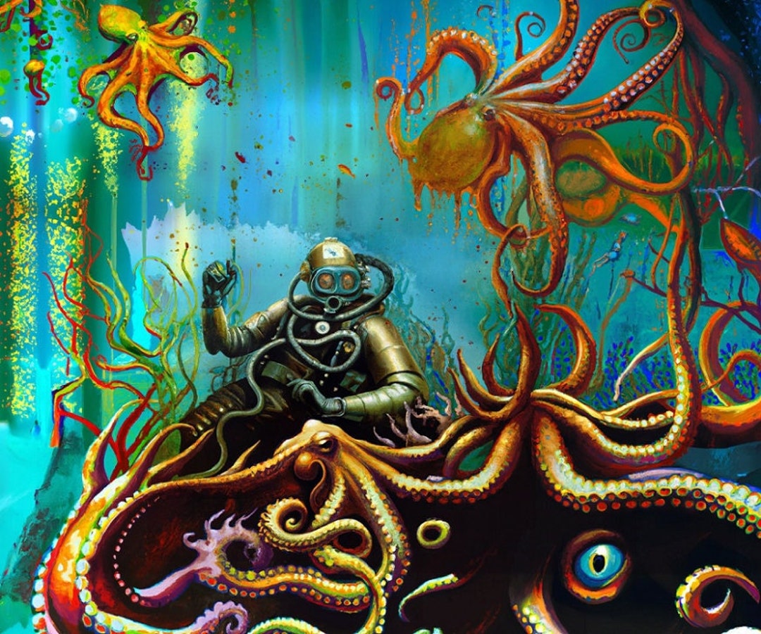 Octopus Art, Scuba Diver, Metal Diving Suit, Art Print, Nautical, Wall ...