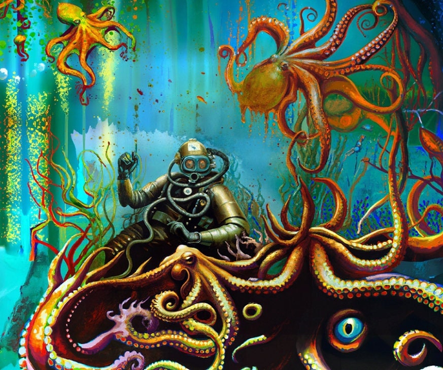 Octopus Art, Scuba Diver, Metal Diving Suit, Art Print, Nautical, Wall ...